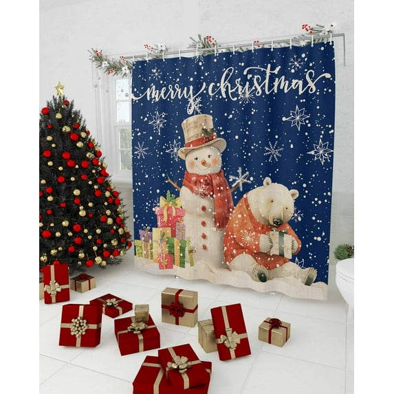Blue Christmas Shower Curtain, Xmas Snowman Bear Snowflake Waterproof ...