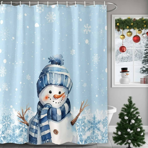 Blue Christmas Shower Curtains for Bathroom, Snowman Striped Cap and ...