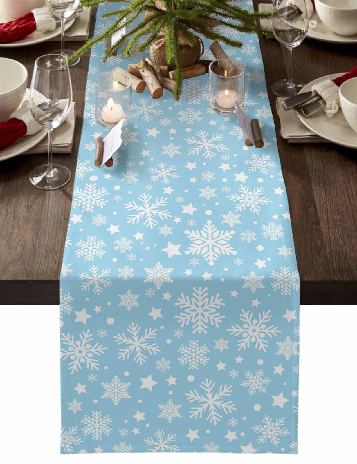 Blue Christmas Snowflake Cotton Linen Table Runner for Dining Kitchen ...
