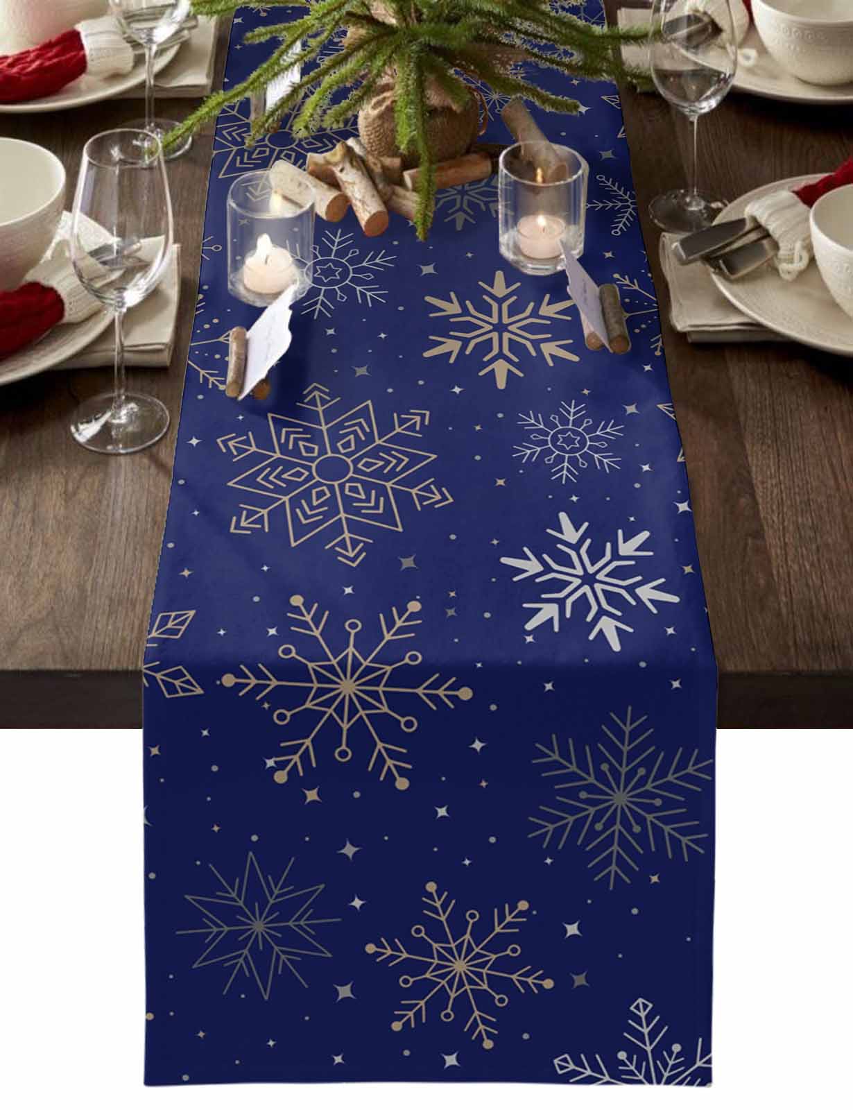 Blue Christmas Snowflakes Cotton Linen Table Runner for Dining Kitchen ...