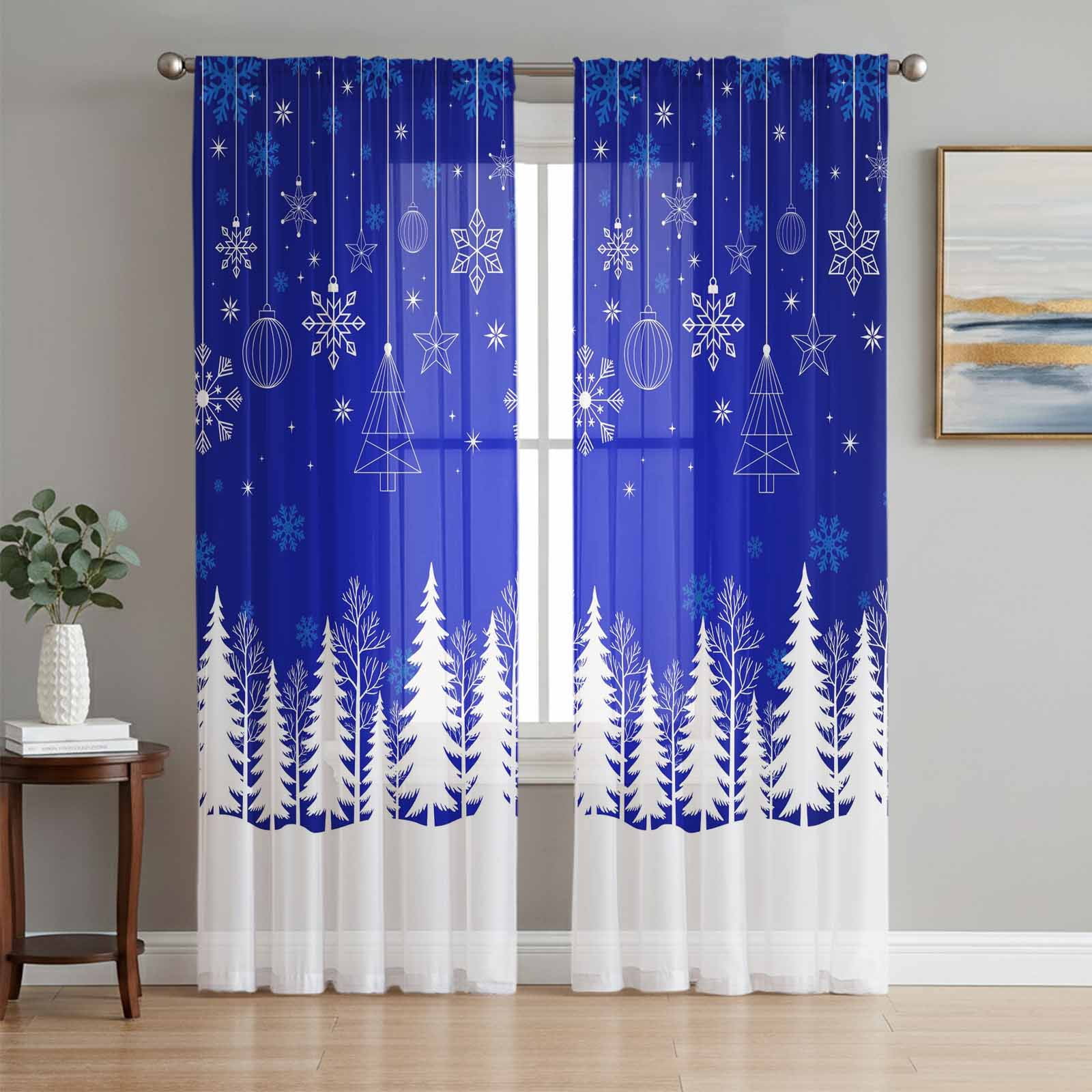 Blue Christmas Snowflakes Sheer Curtains 84 Inch Length 2 Panels Set ...