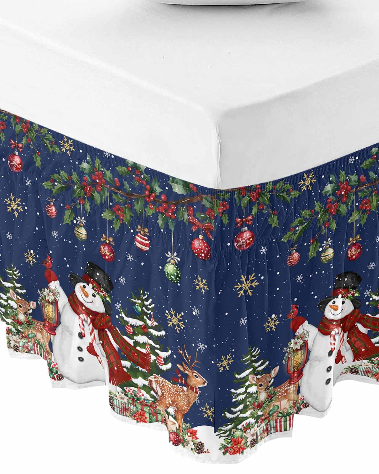 Blue Christmas Snowman Bed Skirt Cal King 16 Inch Drop, Wrap Around Bed ...