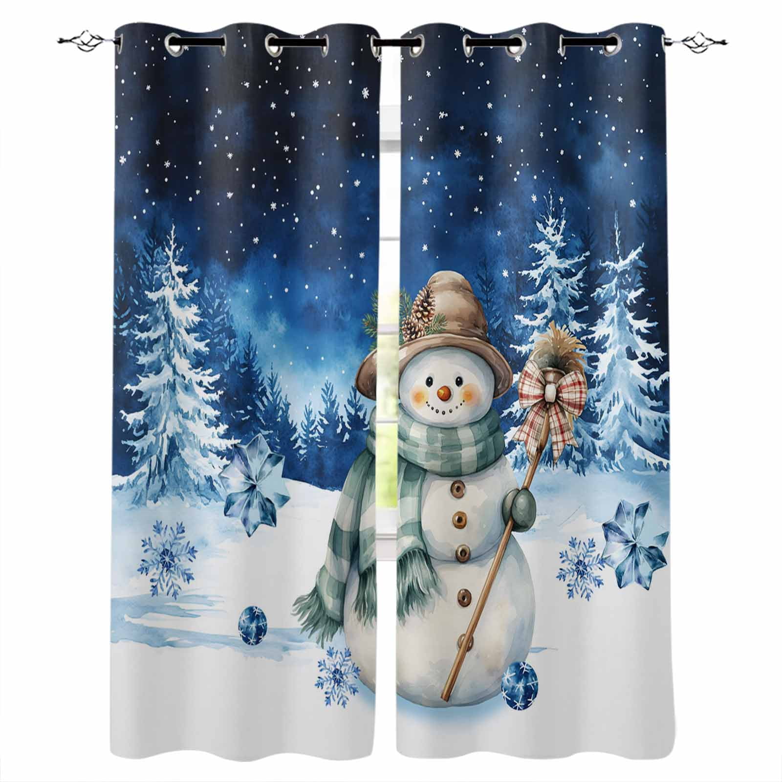 Blue Christmas Snowman Blackout Curtains 84 Inches Long, Winter Xmas ...