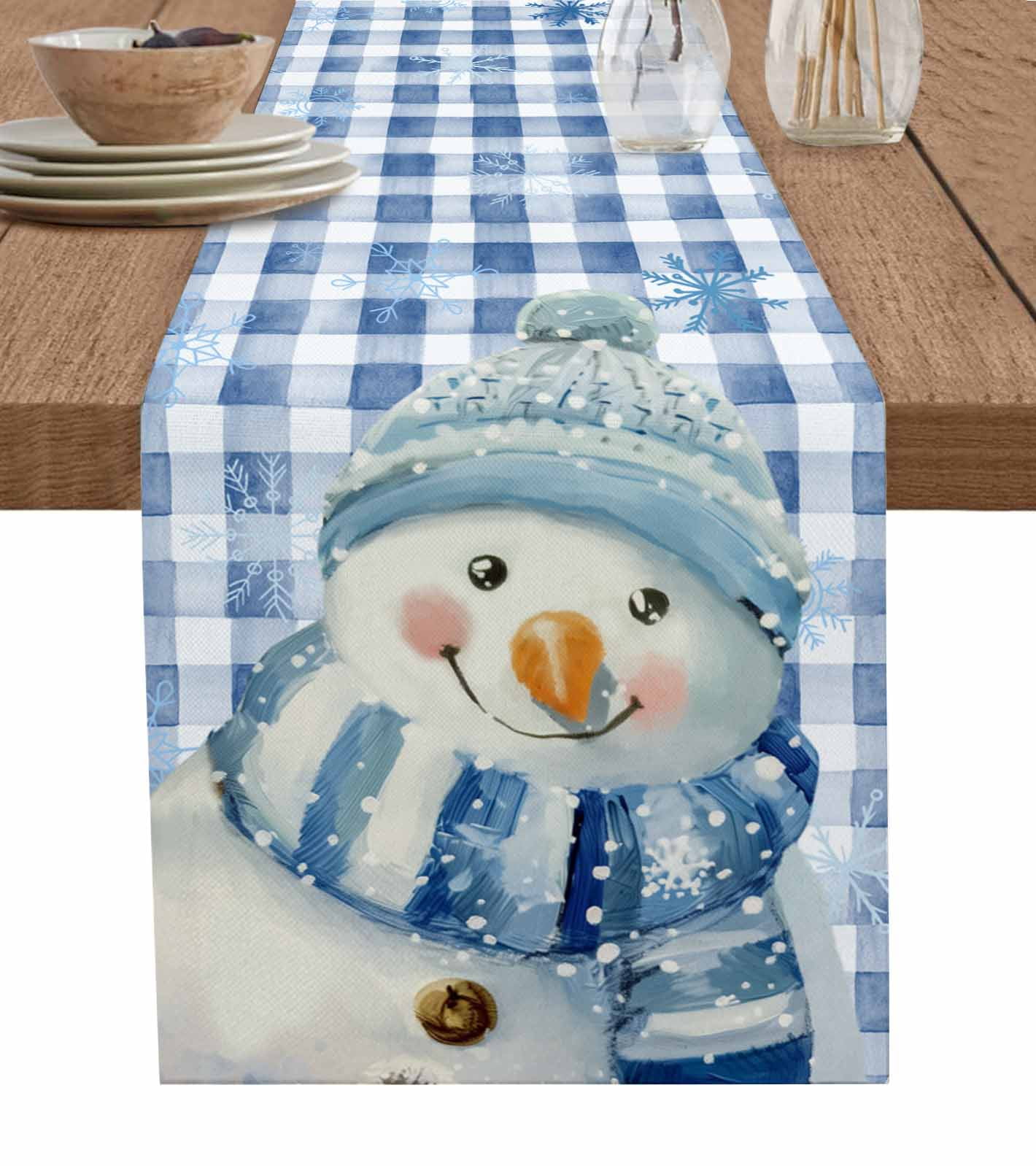 Blue Christmas Snowman Burlap-Cotton Table Runner 36 Inches Long,Winter ...