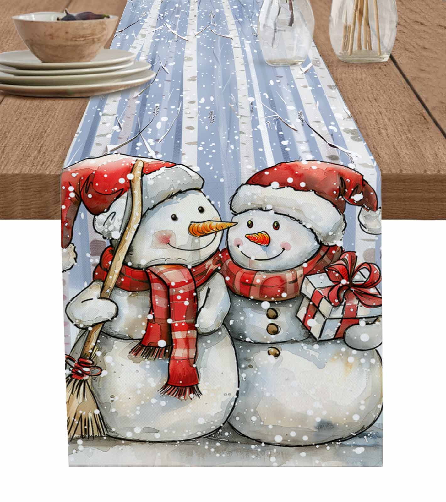 Blue Christmas Snowman Burlap-Cotton Table Runner 72 Inches Long,Xmas ...