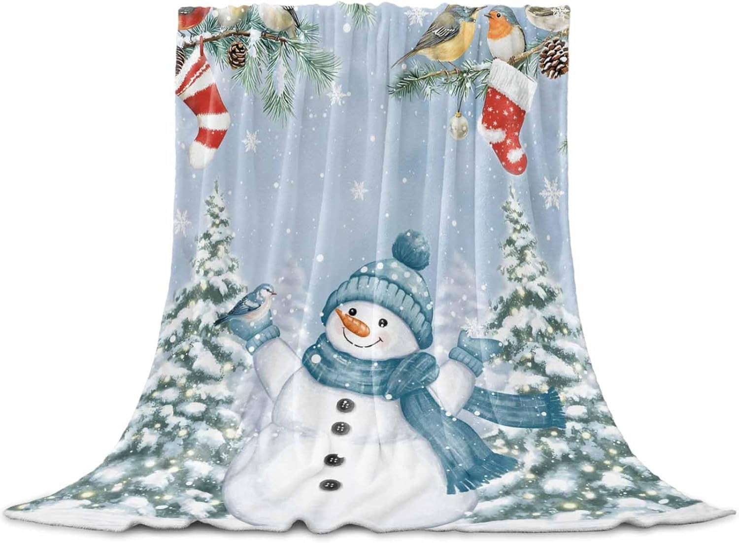 Blue Christmas Snowman Flannel Blanket 40x50In Xmas Socks Tree Winter ...