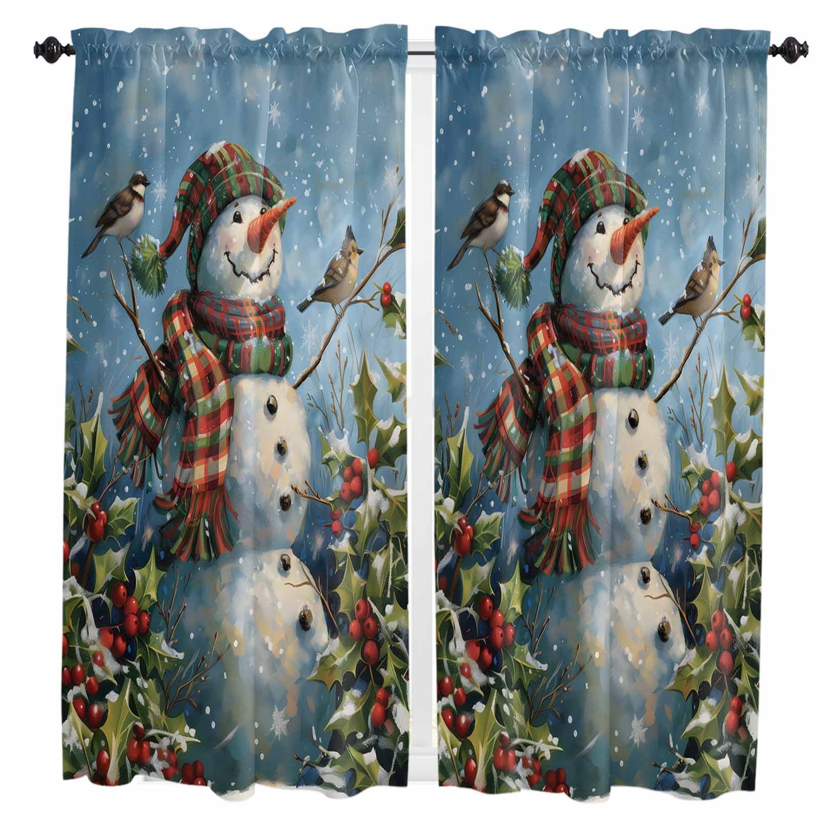 Blue Christmas Snowman Kitchen Curtain 2 Panels Curtains 63 Inch Length ...