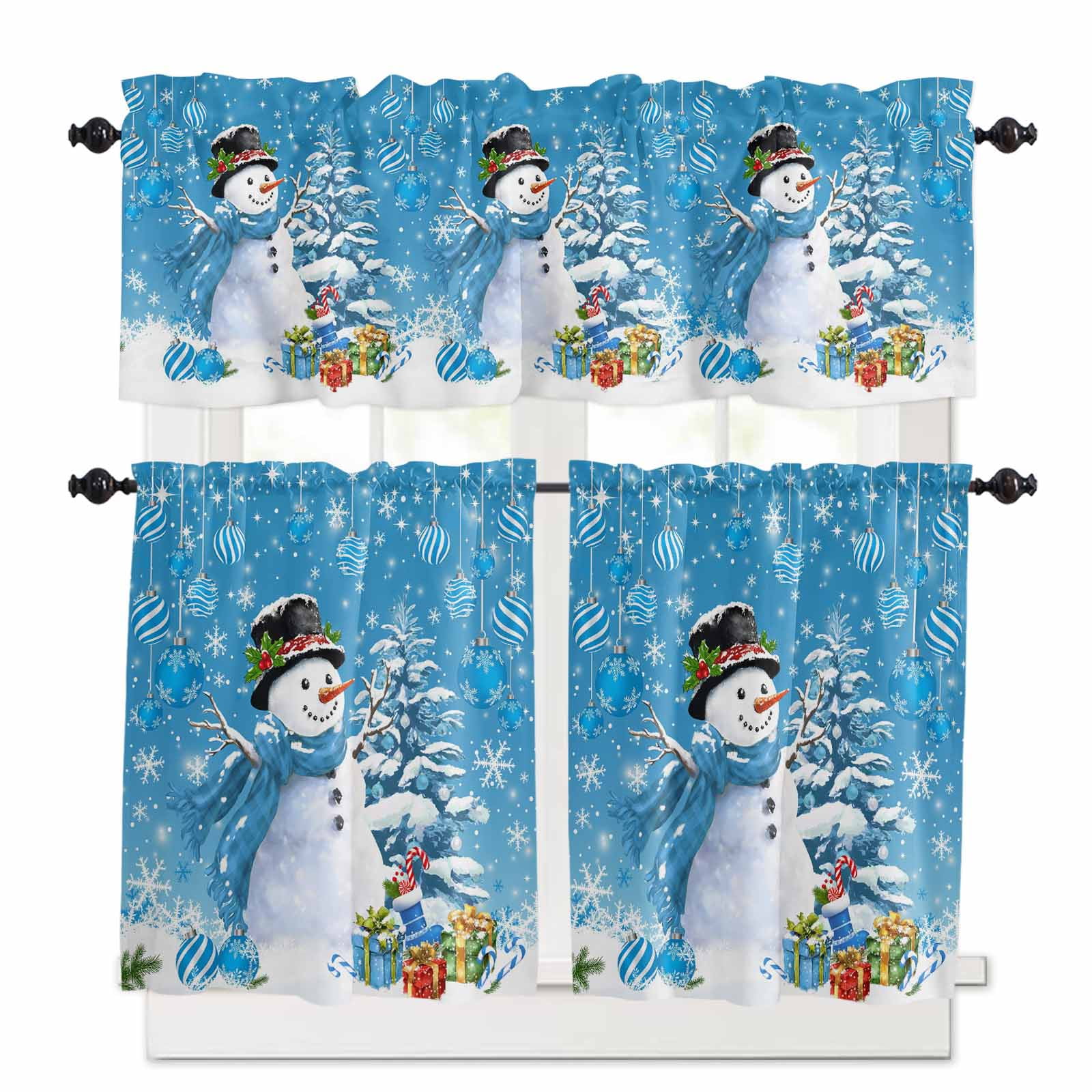 Blue Christmas Snowman Kitchen Curtains and Valances Set, Xmas Balls ...
