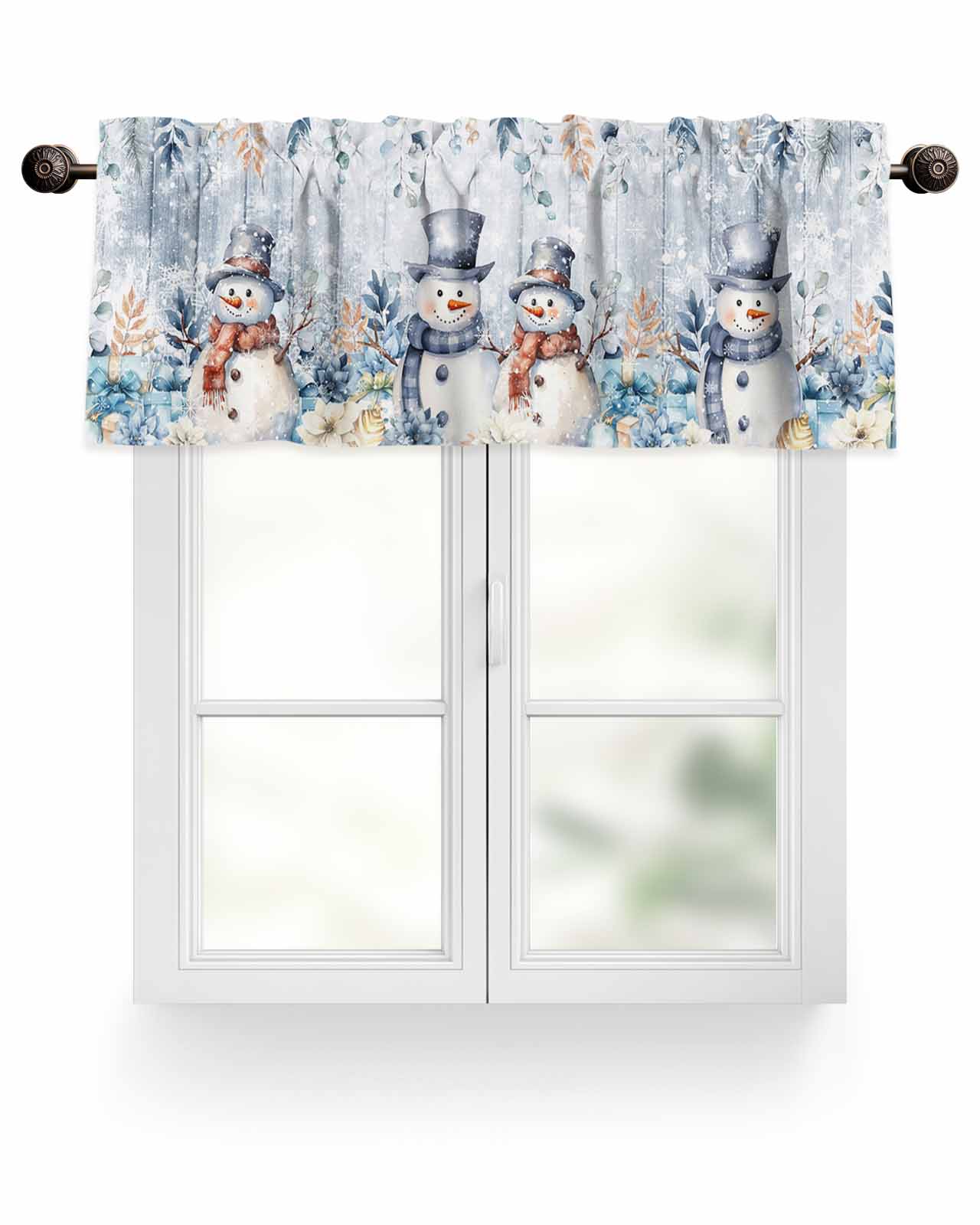 Blue Christmas Snowman Kitchen Valances for Windows Winter Floral ...