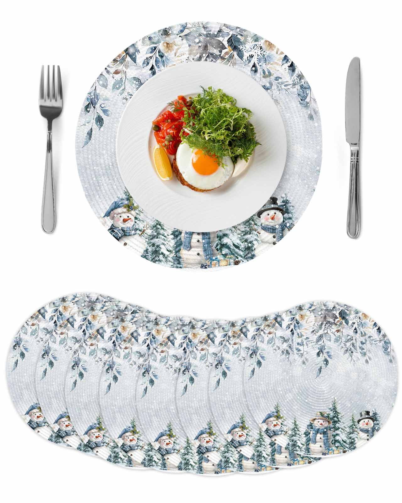 Blue Christmas Snowman Round Table Placemats set of 8, Watercolor ...