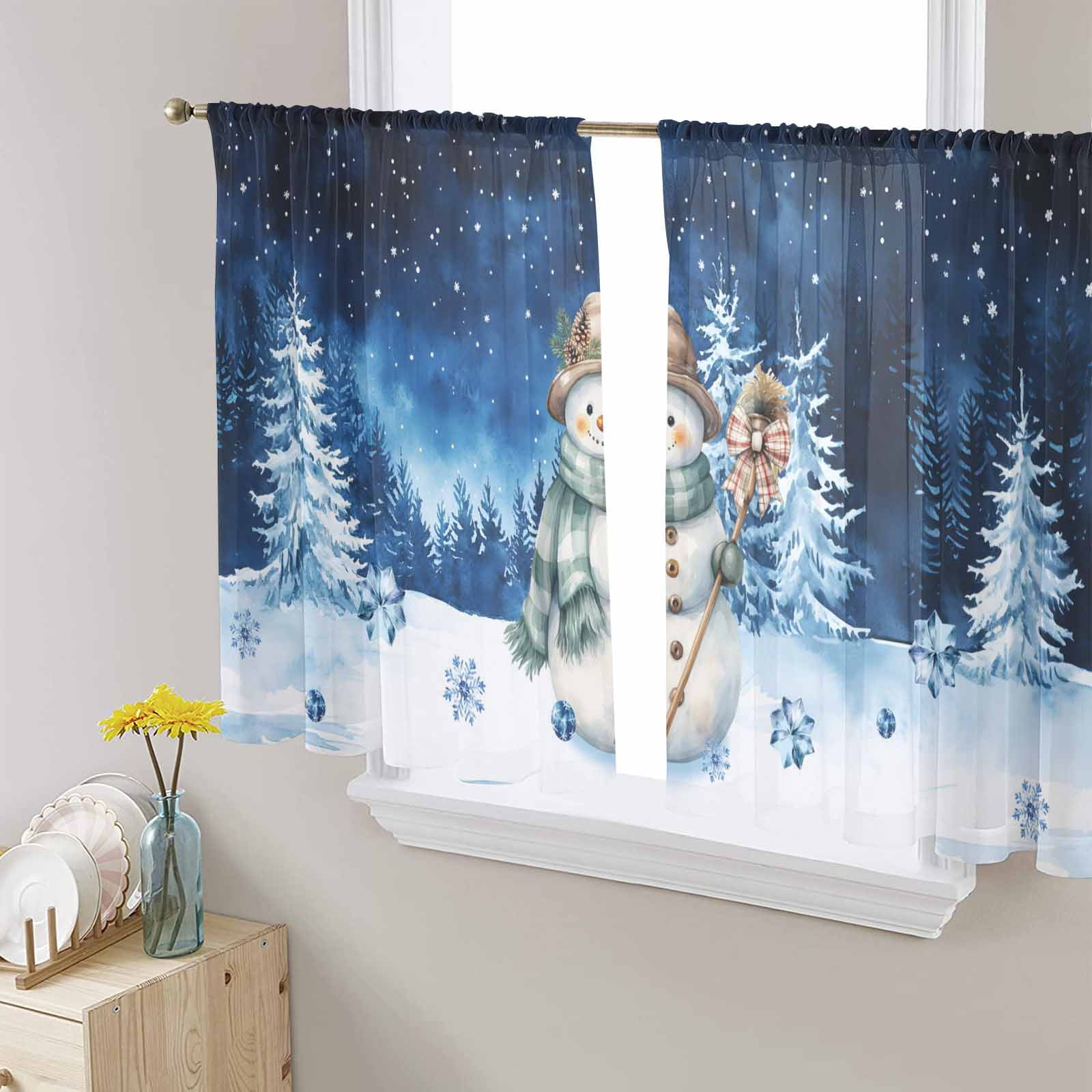 Blue Christmas Snowman Sheer Curtains 45 Inch Length 2 Panels Set, Semi ...