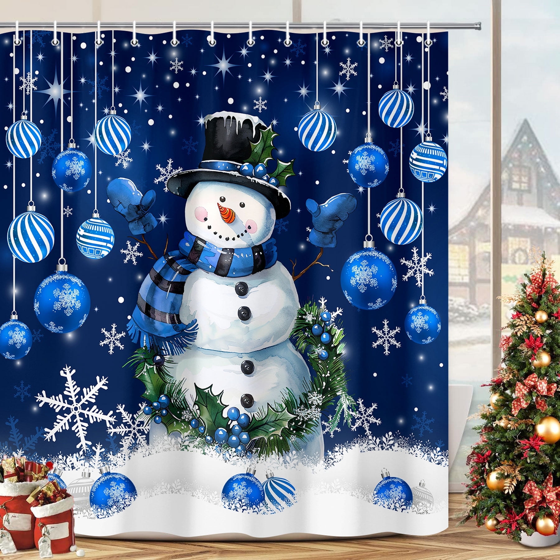 Blue Christmas Snowman Shower Curtain, Cute Winter Xmas Balls Wreath ...