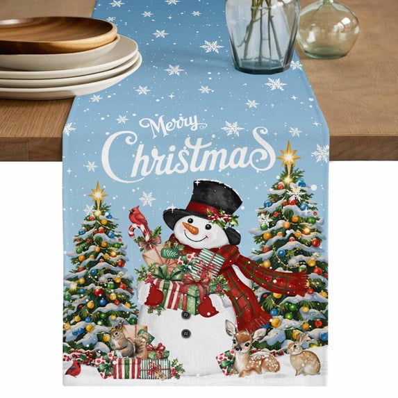 Blue Christmas Snowman Table Runner 36 Inches, Xmas Tree Snowflake ...