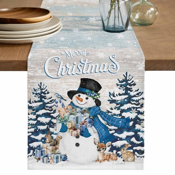 Blue Christmas Snowman Table Runner 48 Inches, Xmas Tree Elk Gifts ...