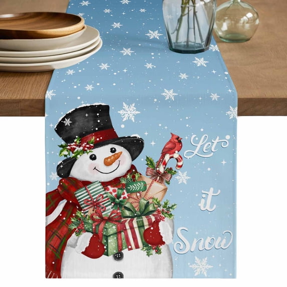 Blue Christmas Snowman Table Runner 72 Inches, Xmas Botanical Birds ...