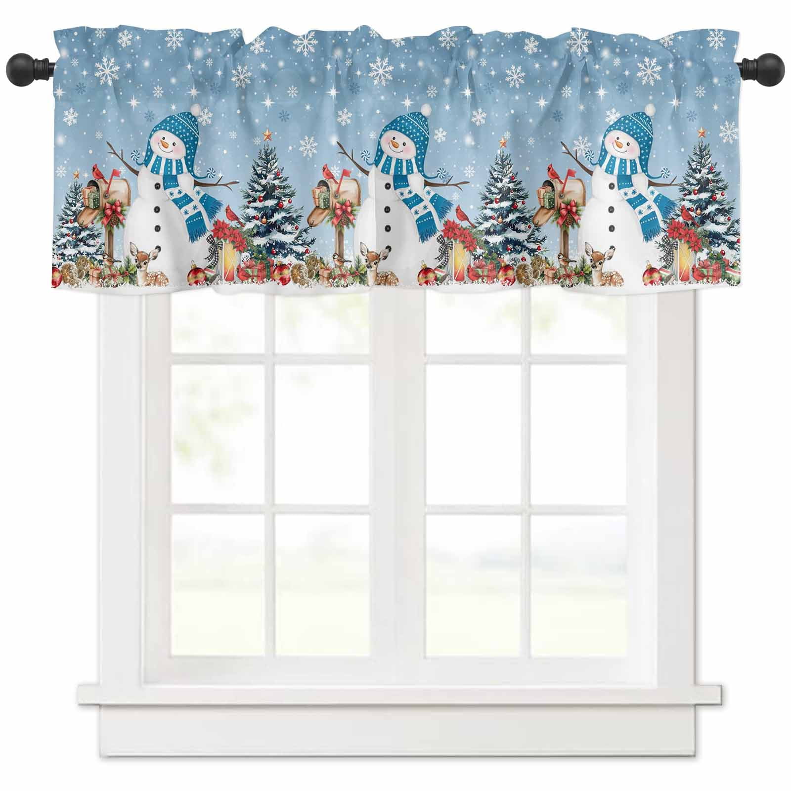 Blue Christmas Snowman Valances for Windows, Xmas Tree Elk Balls ...