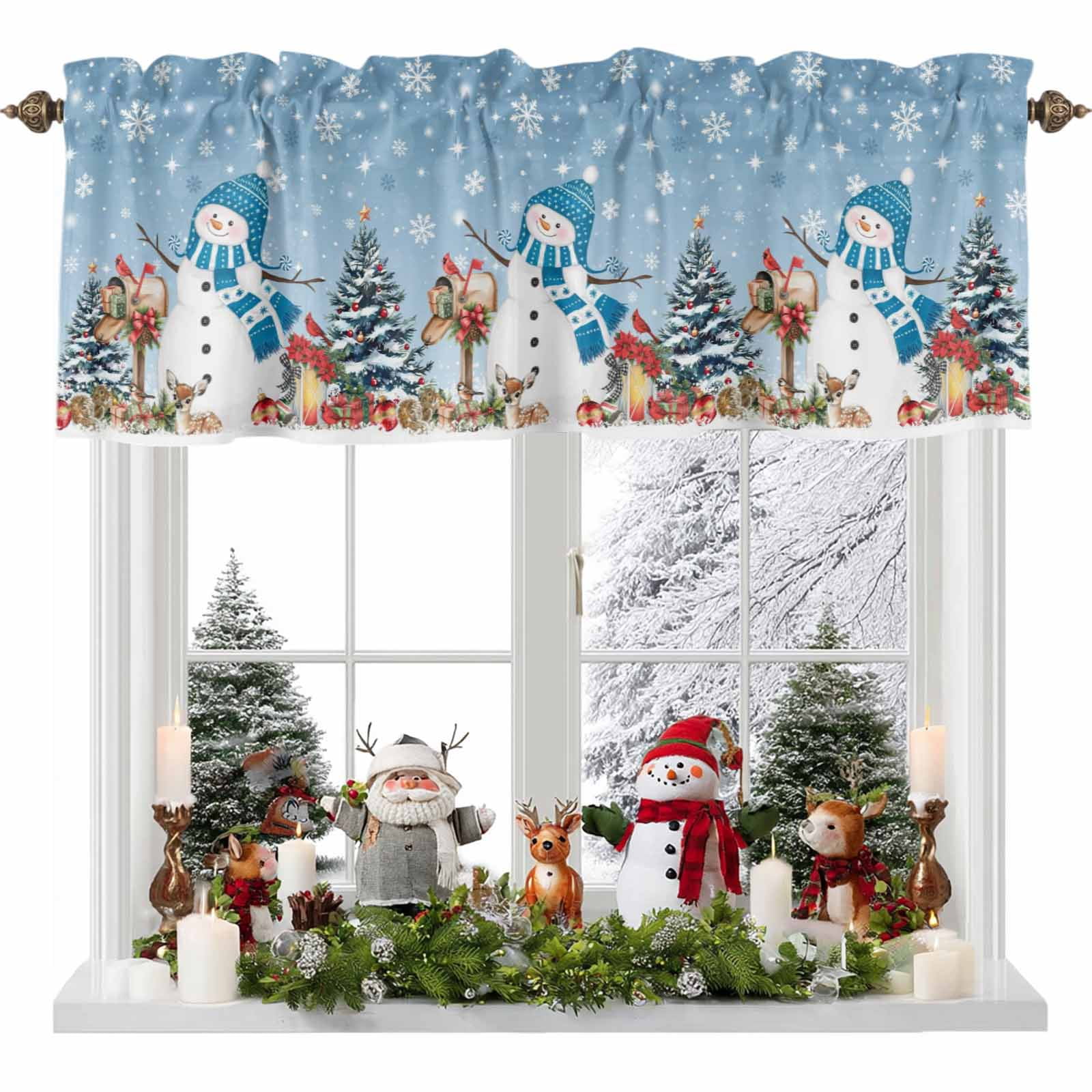 Blue Christmas Snowman Valances for Windows, Xmas Tree Elk Balls ...