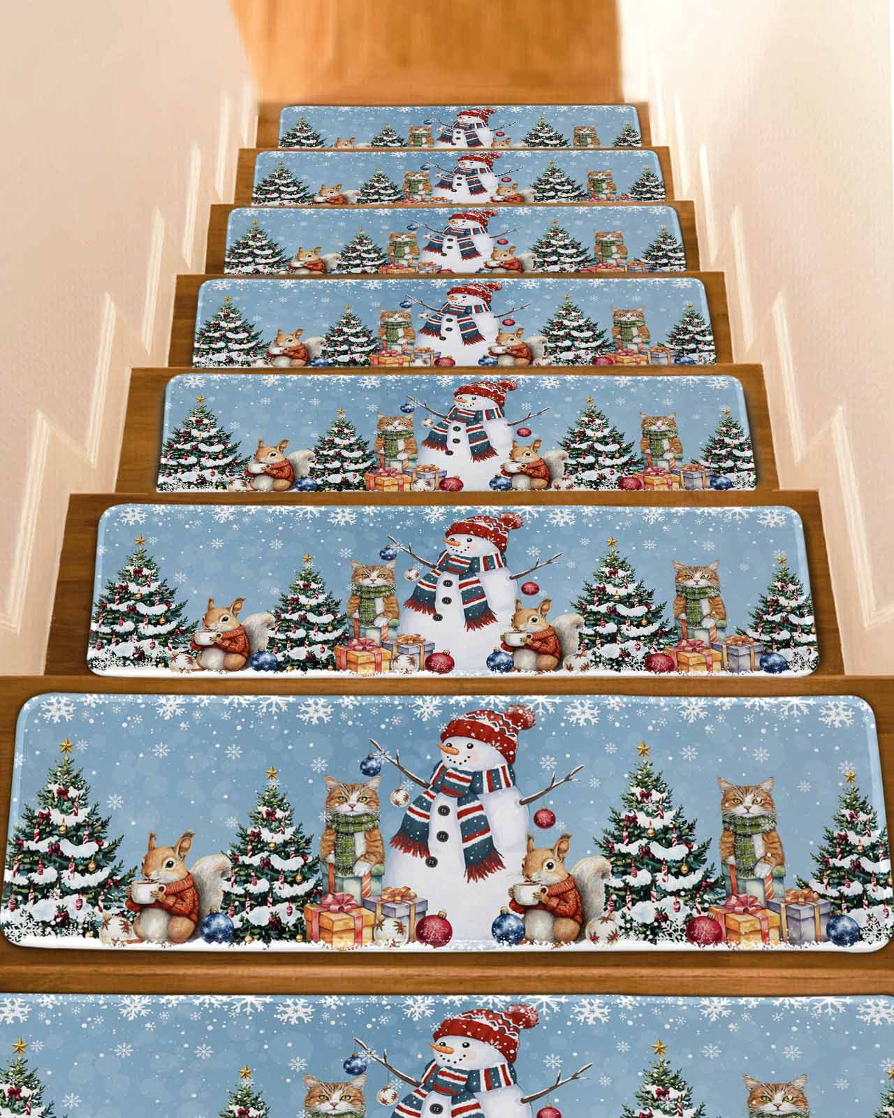 Blue Christmas Stair Treads for Wooden Steps Indoor Runner Rug Carpet ...