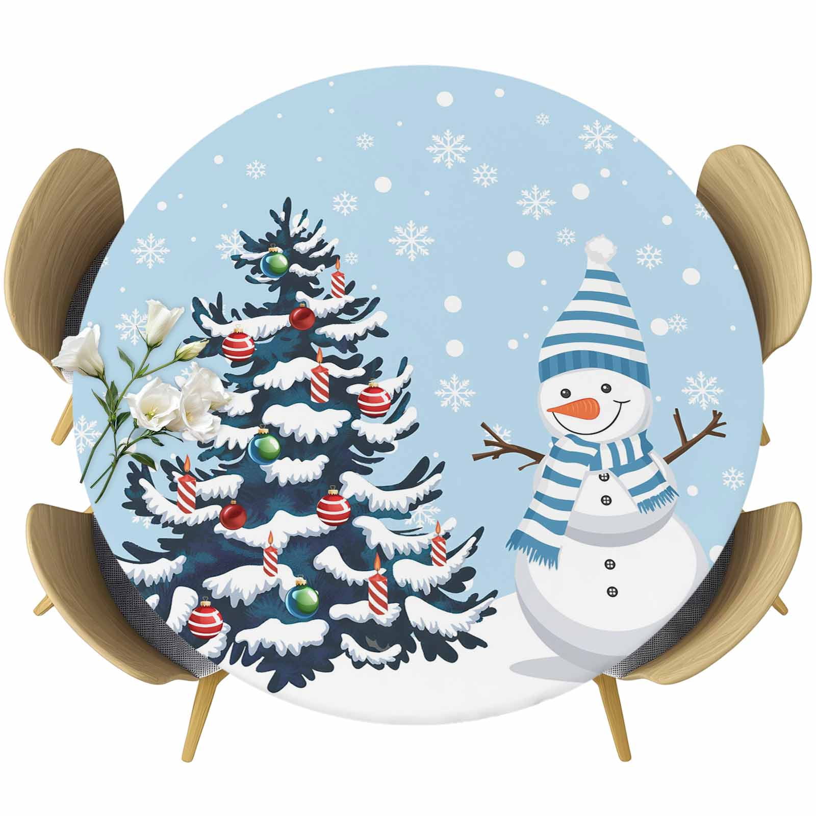 Blue Christmas Table Cloth, Round Fitted Tablecloths with Elastic Edge ...
