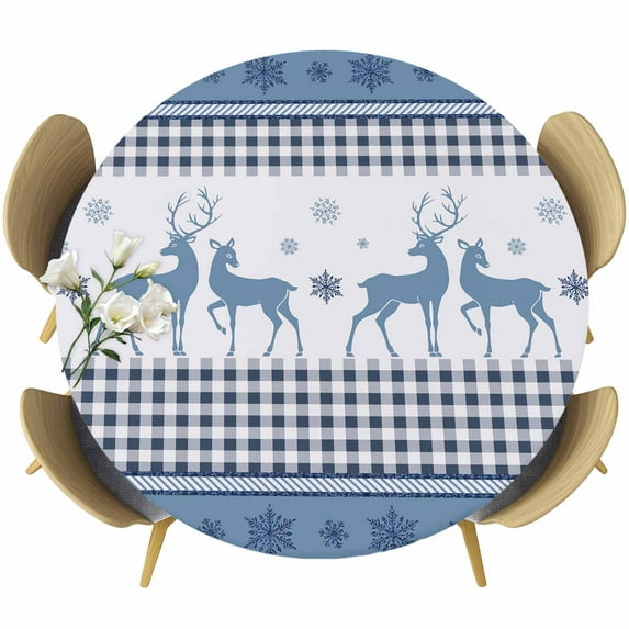 Blue Christmas Table Cloth, Round Fitted Tablecloths with Elastic Edge ...