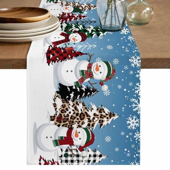 Blue Christmas Table Runner 120 Inches, Snowman Xmas Tree Winter ...