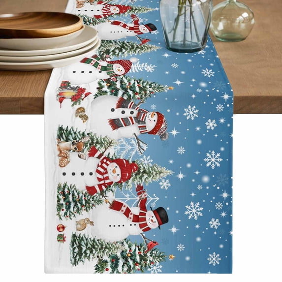 Blue Christmas Table Runner 36 Inches, Snowman Xmas Tree Snowflake ...