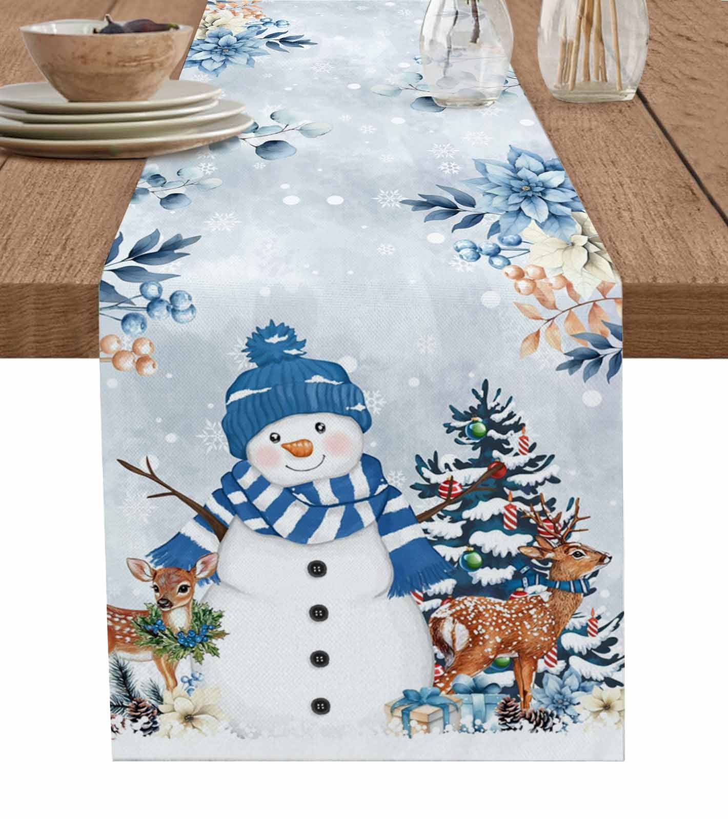 Blue Christmas Table Runner 60 Inches, Snowman Elk Eucalyptus Xmas Tree ...