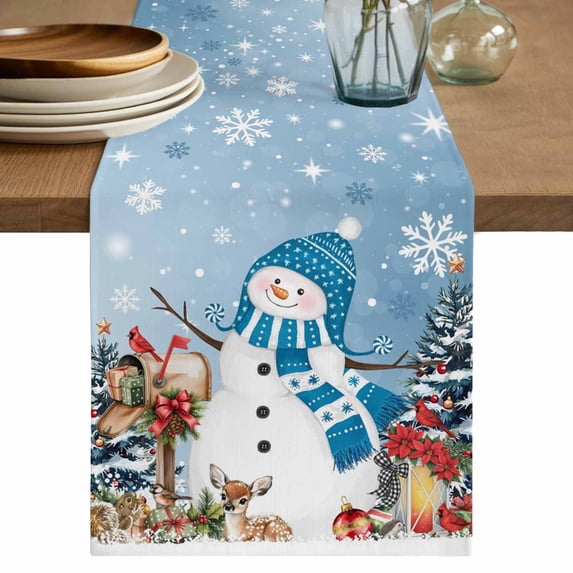 Blue Christmas Table Runner 60 Inches, Snowman Gifts Xmas Tree ...