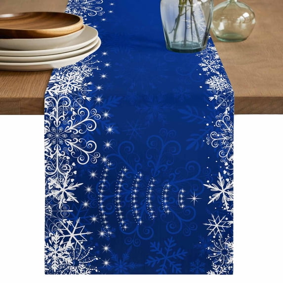 Blue Christmas Table Runner 60 Inches, Xmas Snowflake Tree Vintage Bed ...