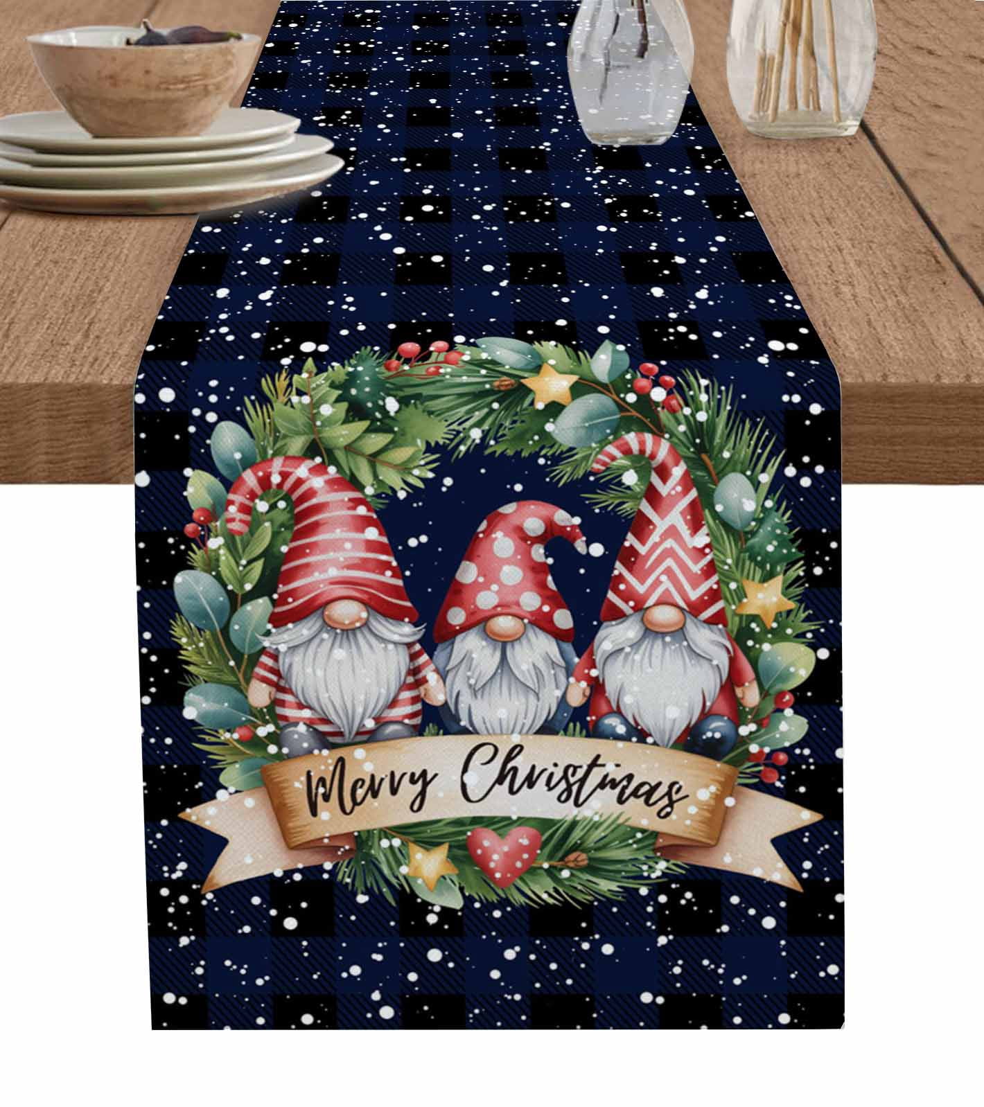 Blue Christmas Table Runner 60 Inches, Xmas Winter Watercolor Gnomes ...