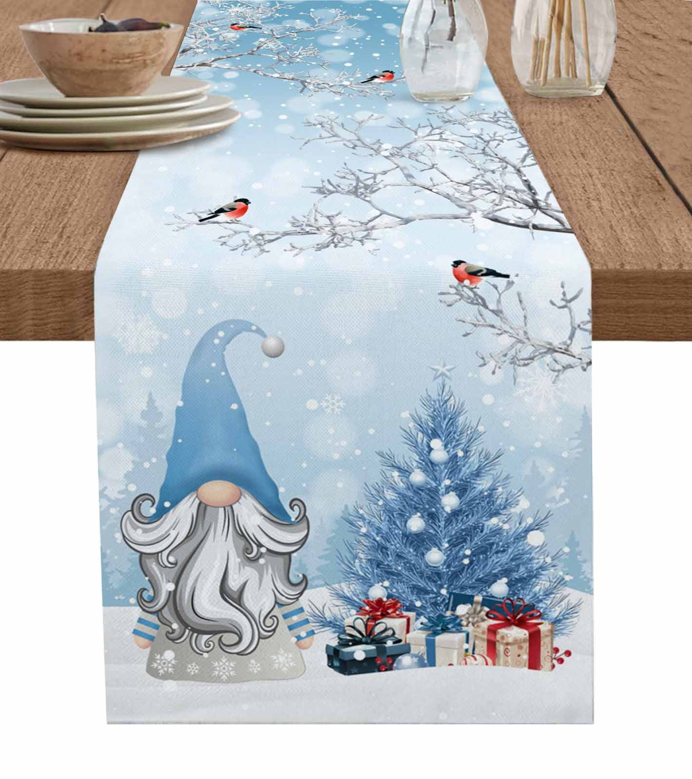 Blue Christmas Table Runner 72 Inches, Gnomes Xmas Tree Snowflake ...