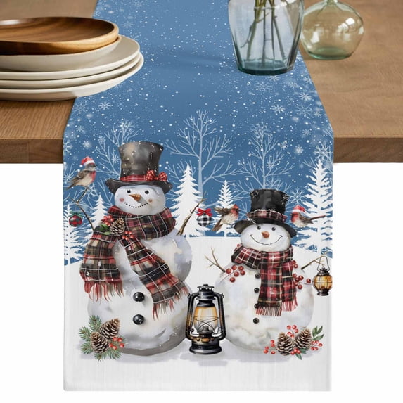 Blue Christmas Table Runner 72 Inches, Snowman Snowflake Winter Birds ...