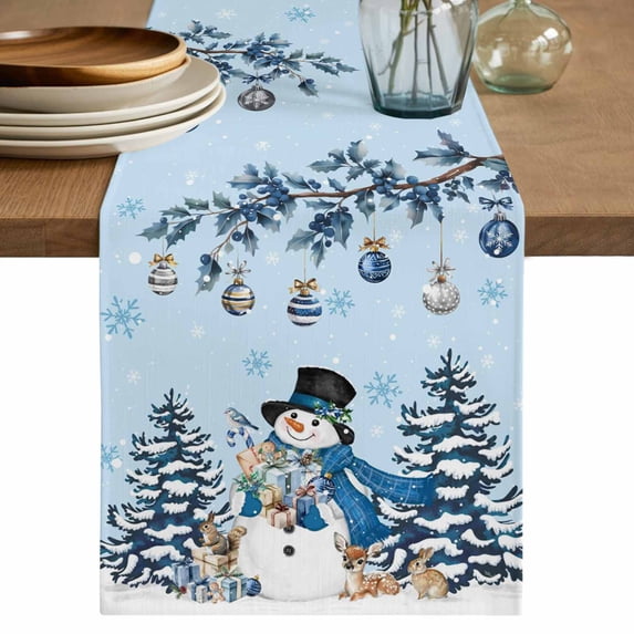 Blue Christmas Table Runner 72 Inches, Snowman Xmas Tree Balls ...