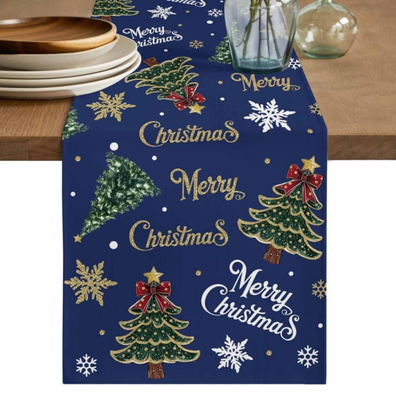 Blue Christmas Table Runner 72 Inches, Winter Pine Tree Gold White ...