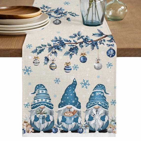 Blue Christmas Table Runner 72 Inches, Xmas Gnomes Balls Tree Snowflake ...