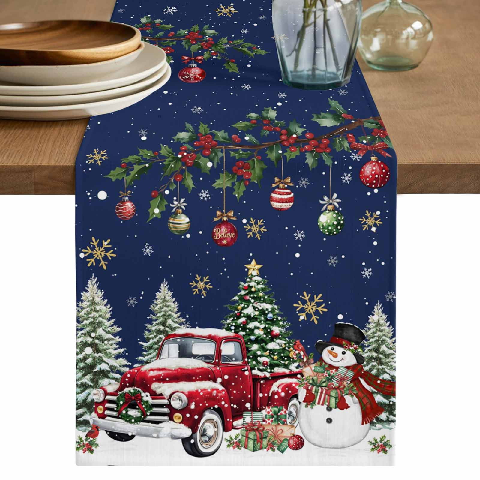 Blue Christmas Table Runner 72 Inches, Xmas Snowman Truck Snowflake ...