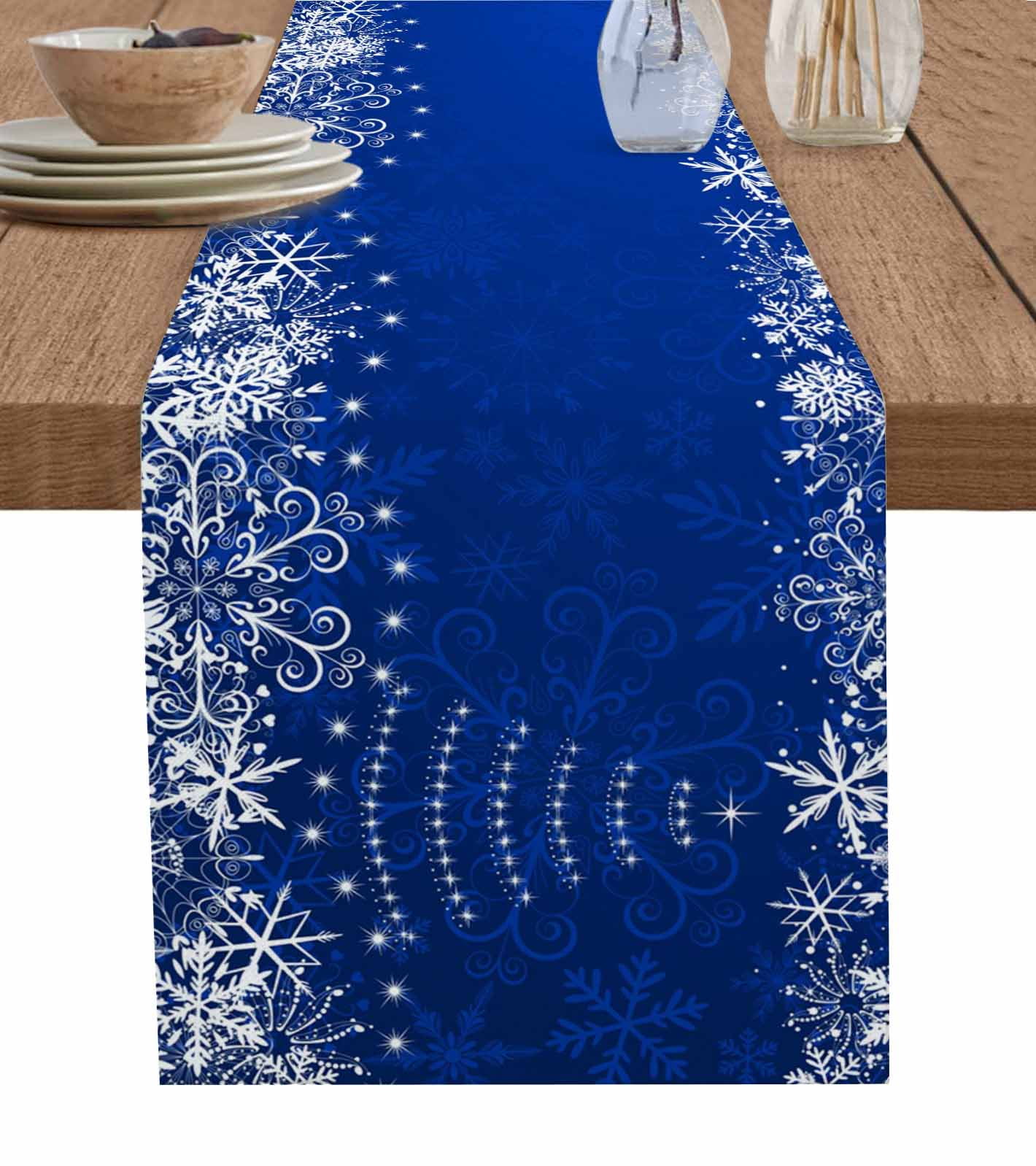 Blue Christmas Table Runner 90 Inch Long Dresser Scarves Cotton Linen ...