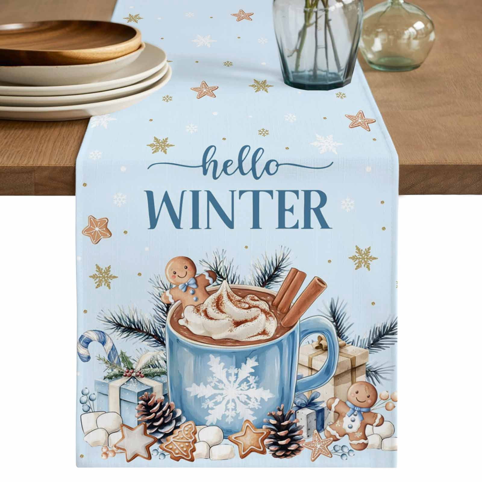 Blue Christmas Table Runner 90 Inches, Coffee Xmas Botanical Pine Cones ...