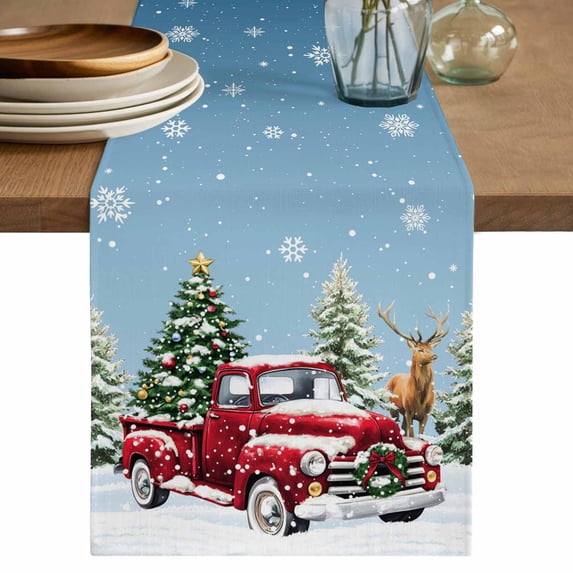 Blue Christmas Table Runner 90 Inches, Winter Red Truck Pine Tree Xmas ...