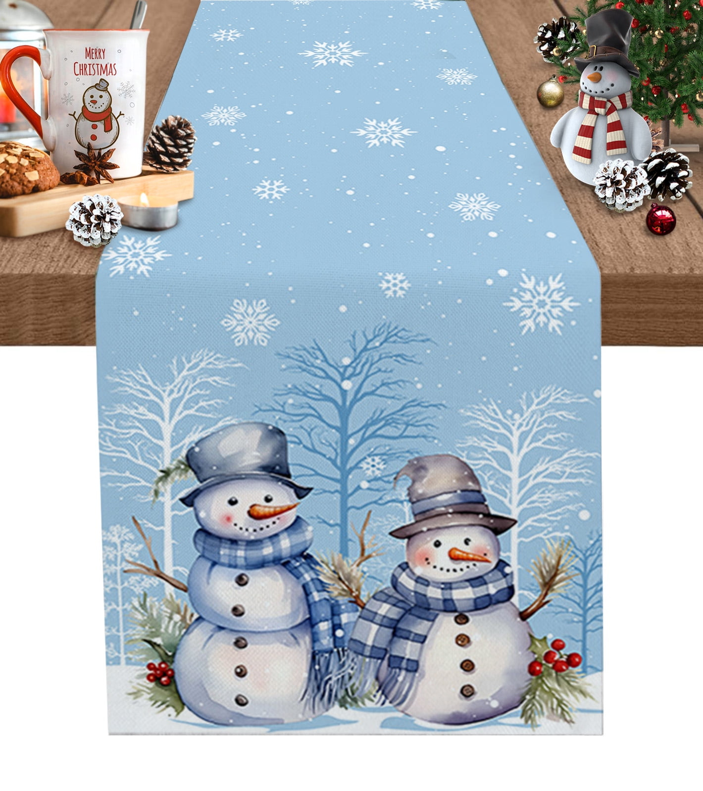 Blue Christmas, Table Runner Snowman Forest Snowy Tree Branch ...