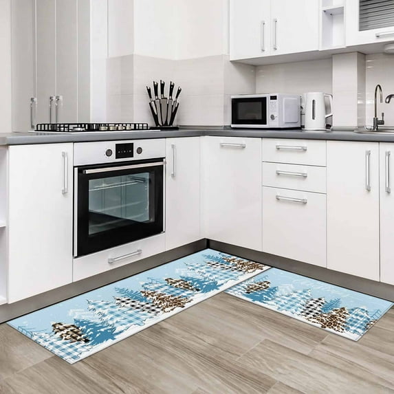 Blue Christmas Tree 2 Pieces Non-Slip Kitchen Mat Set Winter Xmas Tree ...