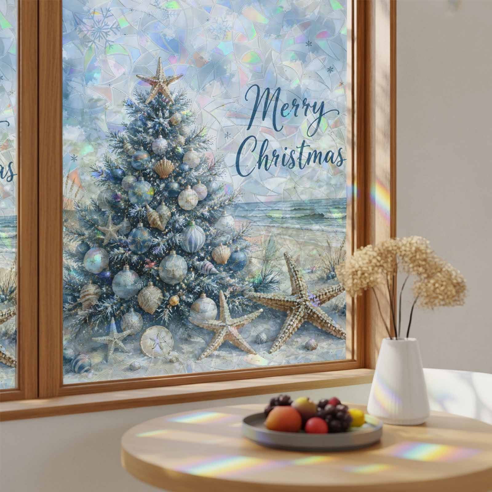 Blue Christmas Tree on Beach Window Privacy Film,Heat Control Sun ...