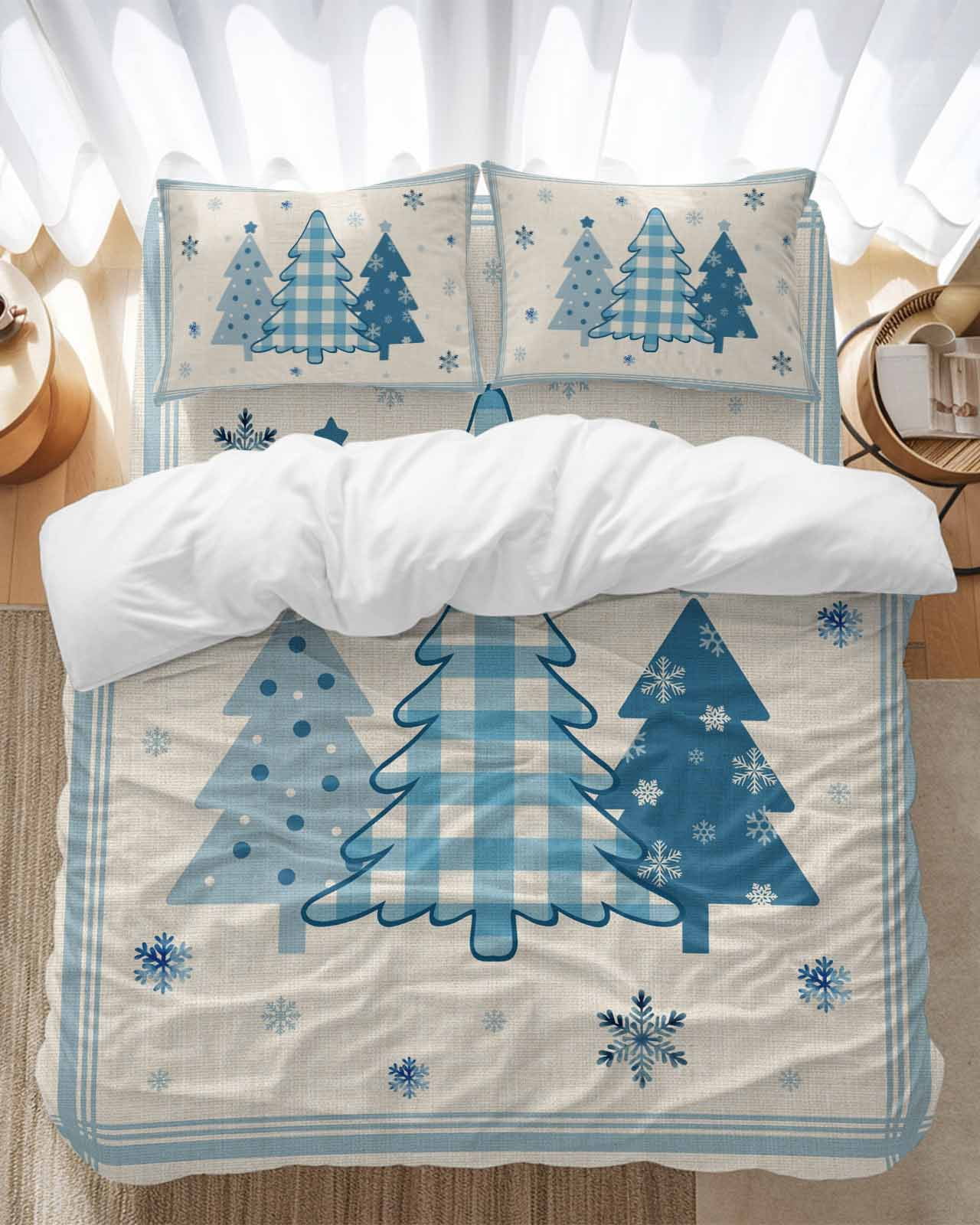 Blue Christmas Tree Bedding Duvet Cover Set Full Size 4 Pieces Winter ...