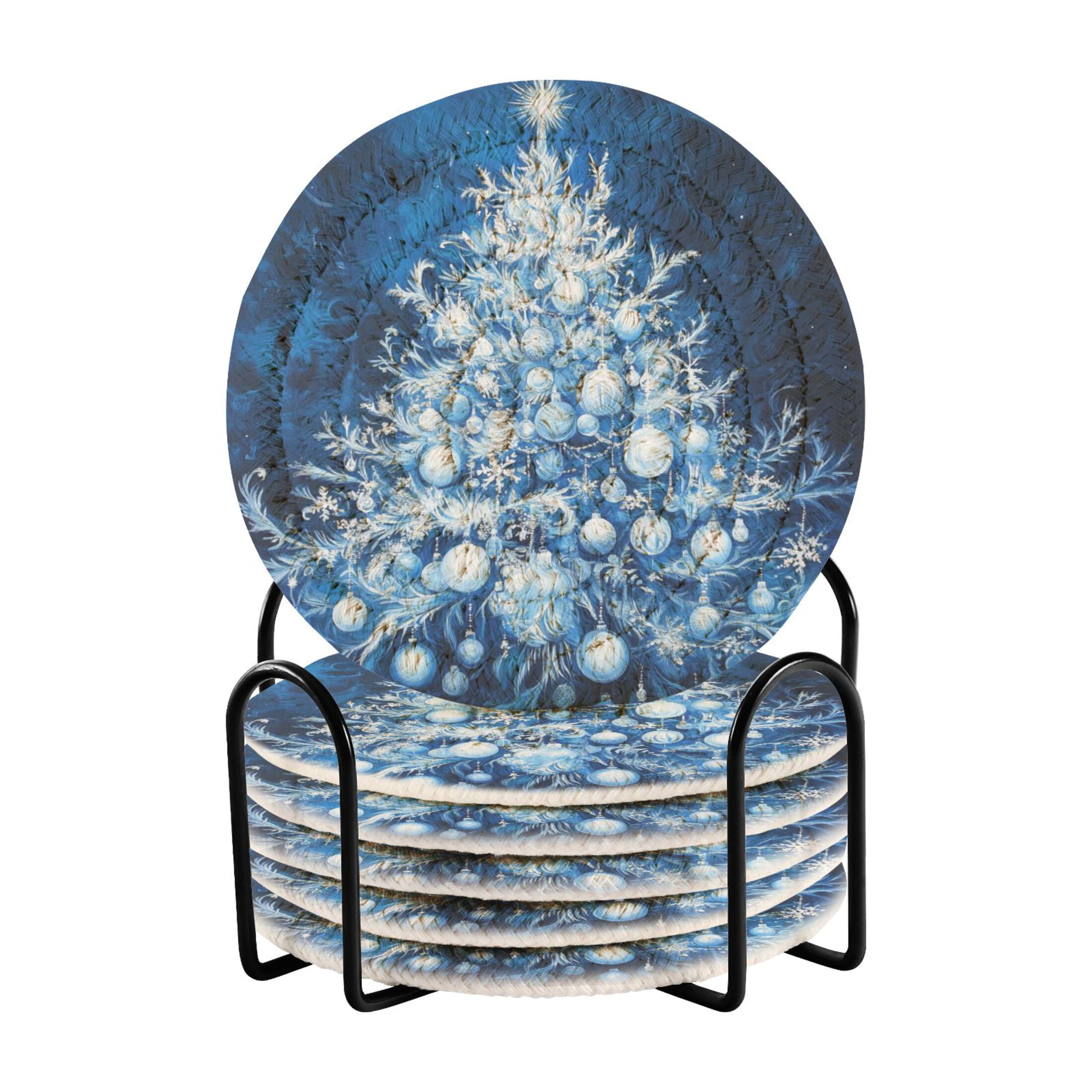 Blue Christmas Tree Drinking Coasters Cup Mat with Holder for Kitchen ...