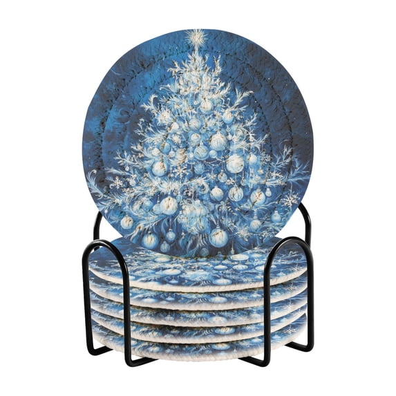 Blue Christmas Tree Drinking Coasters Cup Mat with Holder for Kitchen ...