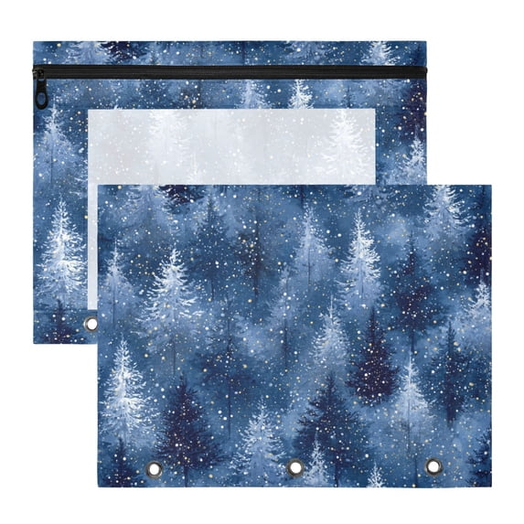 Blue Christmas Tree Forest 3-Ring Binder Pocket with Zipper Pencil ...
