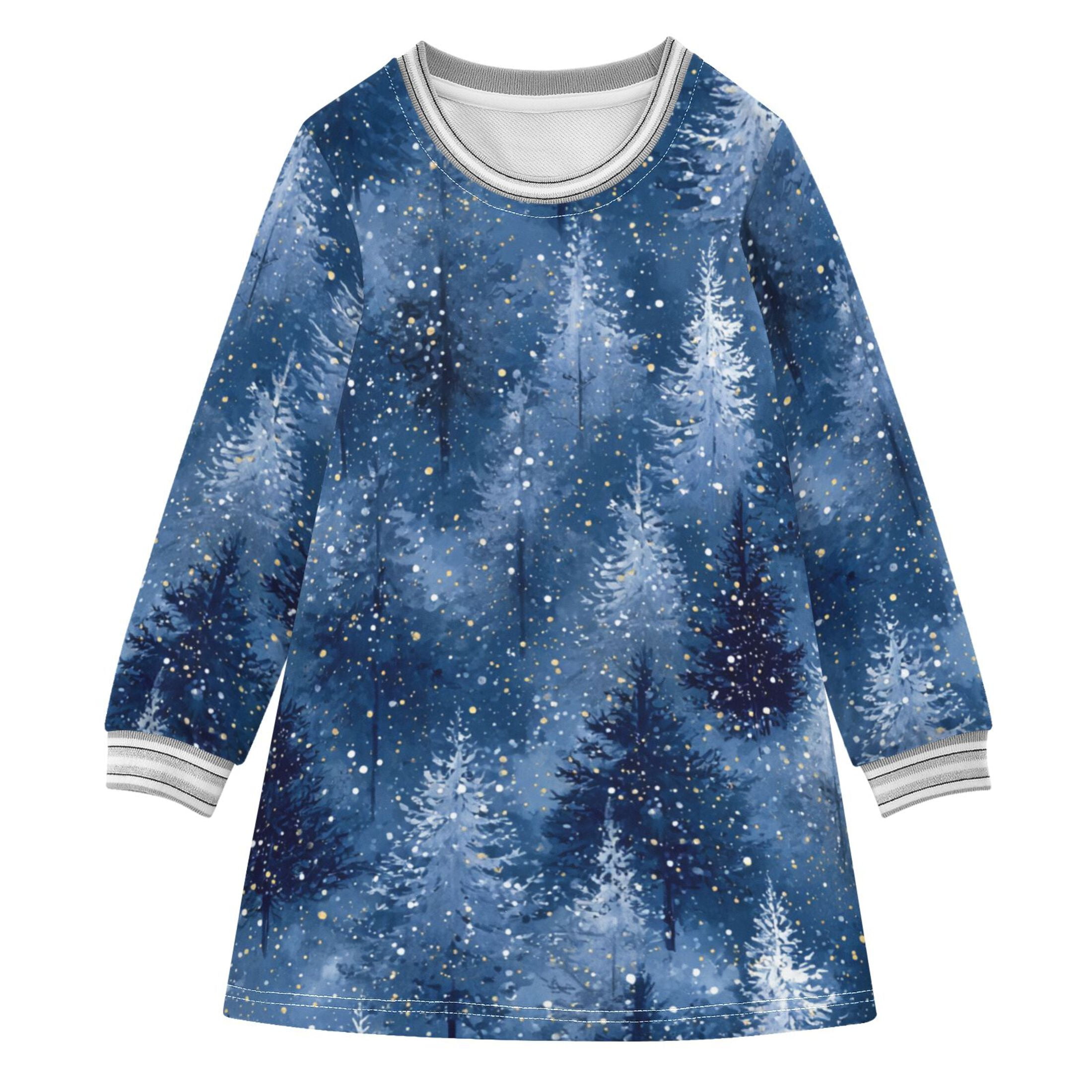Blue Christmas Tree Forest Long-sleeved Dress A-line One-Piece Dress ...