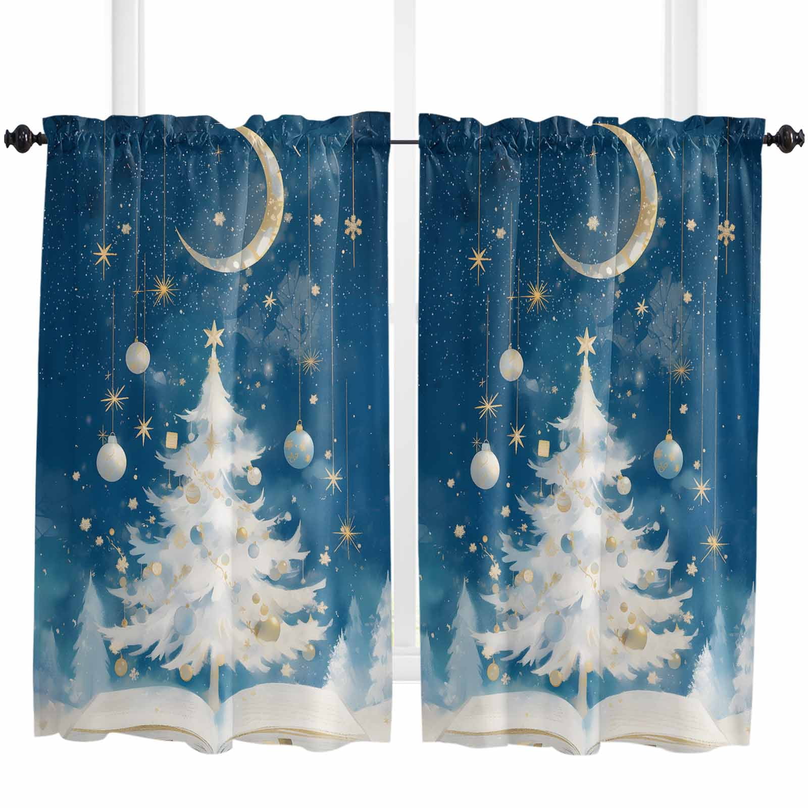 Blue Christmas Tree Kitchen Curtain 2 Panels Tiers Curtains 45 Inch ...