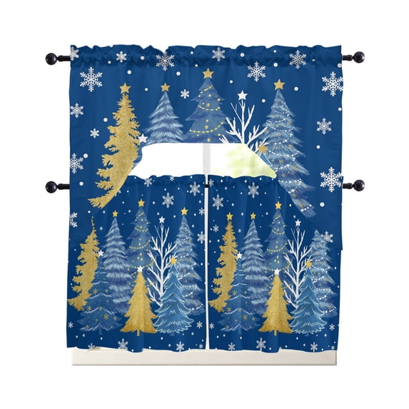 Blue Christmas Tree Kitchen Curtains Set for Windows 3 Piece Cafe ...