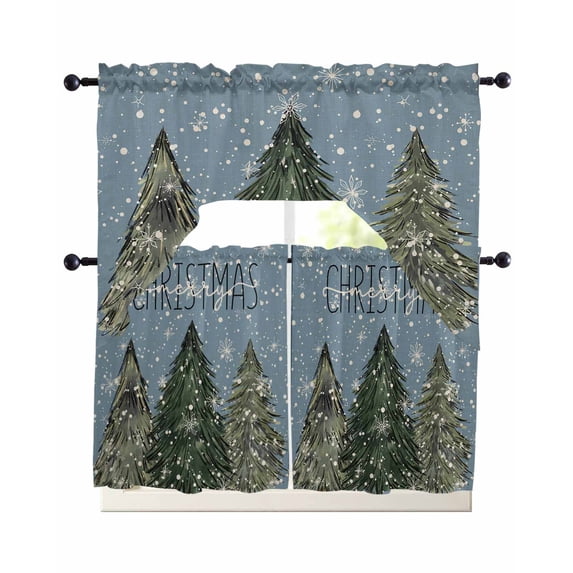 Blue Christmas Tree Kitchen Curtains Set for Windows 3 Piece Cafe ...